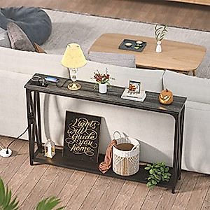 Karcog Narrow Console Table with Recessed Power Strip, 47 Inch Sofa Entry Table with 2 AC Outlets & 2 USB Ports, Industrial Farmhouse Style Accent Hallway Table for Living Room, Grey Oak