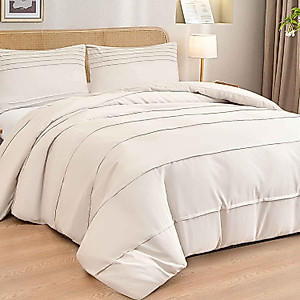 Faincy Beige King Size Comforter Set, Boho Pleated Striped Reversible Down Alternative Bed Sets - 104 x 90 3PC Soft Microfiber Duvet Farmhouse Bedding in a Bag for Women Men, Cream