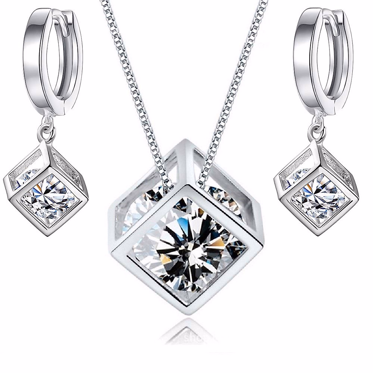 Crystalline Azuria White Zirconia Crystals Cube Set Pendant Necklace 18 inches Dangle Earrings 18K White Gold Plated