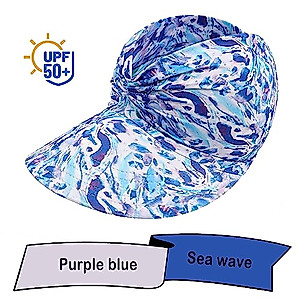 Sun Visor Hat for Women,Summer Beach Hats Foldable,Wide Brim, Ponytail,Fashion Sun Shade UV Protection Soft Hat for Outdoor Blue