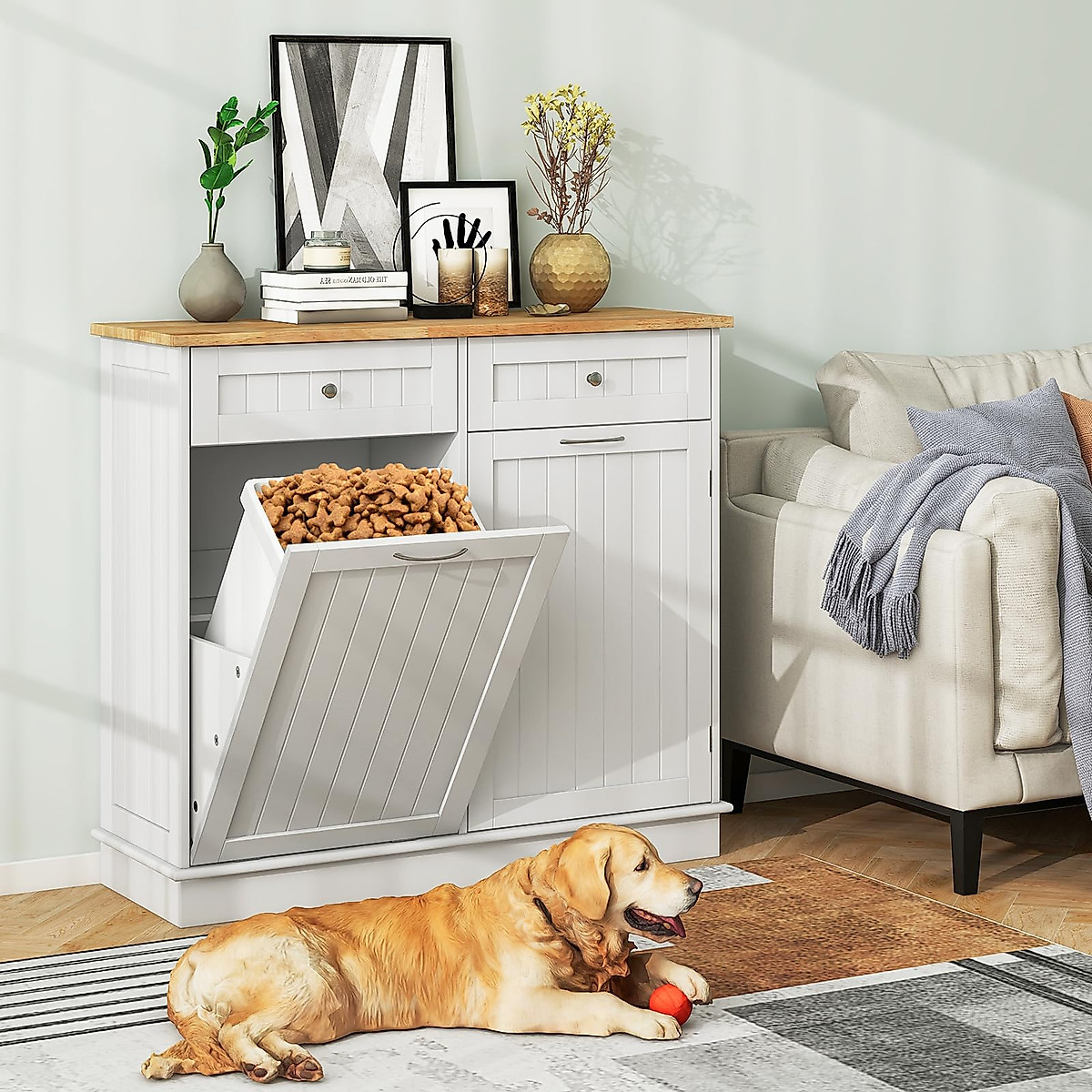 LOKO Kitchen Tilt Out Trash Cabinet, Modern Trash Cabinet with 2 Drawers & Adjustable Shelf, Pet Proof Trash Can Cabinet with Rubber Wood Tabletop, Ideal for Living Room, Dining Room (White)