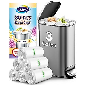 3 Gallon 80 Counts Strong Trash Bags Garbage Bags by Teivio, Bathroom Trash Can Bin Liners, Plastic Bags for home office kitchen, Clear