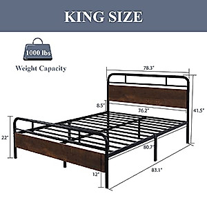 Allewie Heavy Metal King Bed Frame with Headboard & Footboard, Platform Bed with Strong 13 Support, Noise Free, No Box Spring Needed, Easy Assembly, Sandalwood Brown