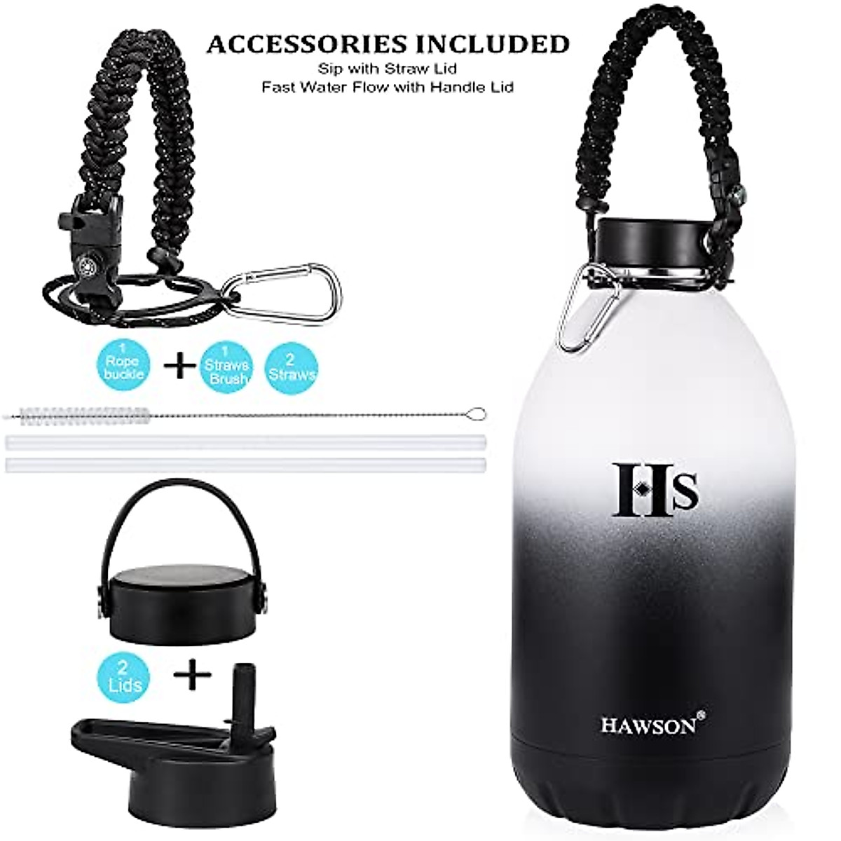 HAWSON Insulated Water Bottle 128oz with Straw Handle Lid Sport One Gallon Water Jug Stainless Steel Cold Water Bottles with Paracord Handle Wide Mouth Thermo Canteen Mug