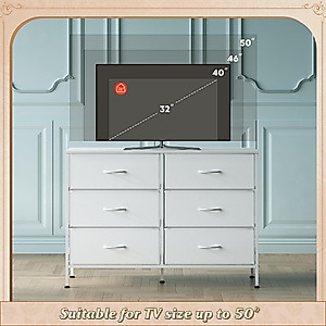 WLIVE Wide Dresser with 6 Drawers, TV Stand for 50" TV, Entertainment Center with Metal Frame, Wooden Top, Fabric Storage Dresser for Bedroom, Hallway, Entryway, White