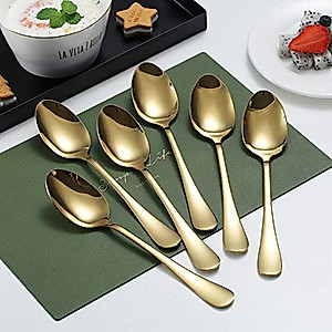 Gold Dinner Spoons, Kyraton 6 Pieces 7.5" Stainless Steel Table Spoon With Titanium Gold Plating, Gold Soup Spoons, Dessert Spoons Sliverware Dishwasher Safe Set of 6
