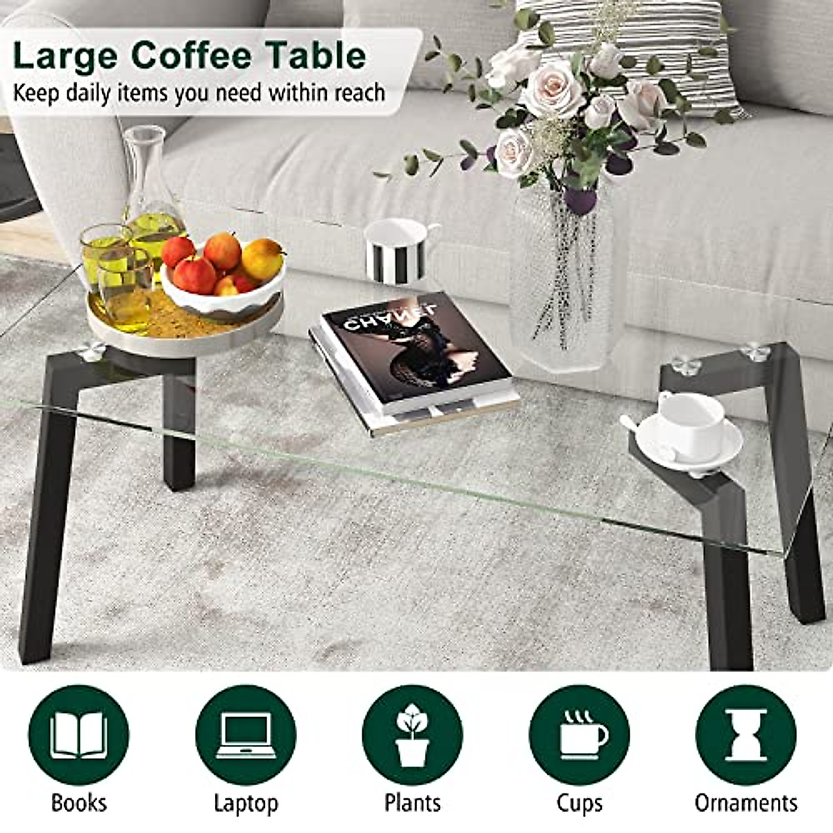 Tangkula Tempered Glass Coffee Table, Rectangular Center Table with Heavy Duty Metal Frame, Modern Minimalist Cocktail Table, Clear Tea Table for Living Room Reception Office, 44 x 24 x 18 Inch