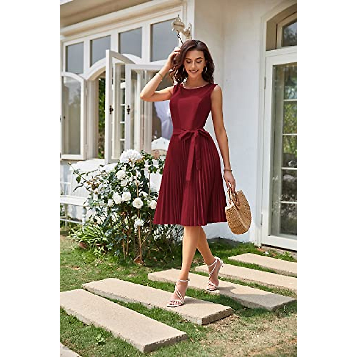 GRACE KARIN Formal Dresses for Wedding Guest Pleated A-line Cocktail Dresses Wine Red XL