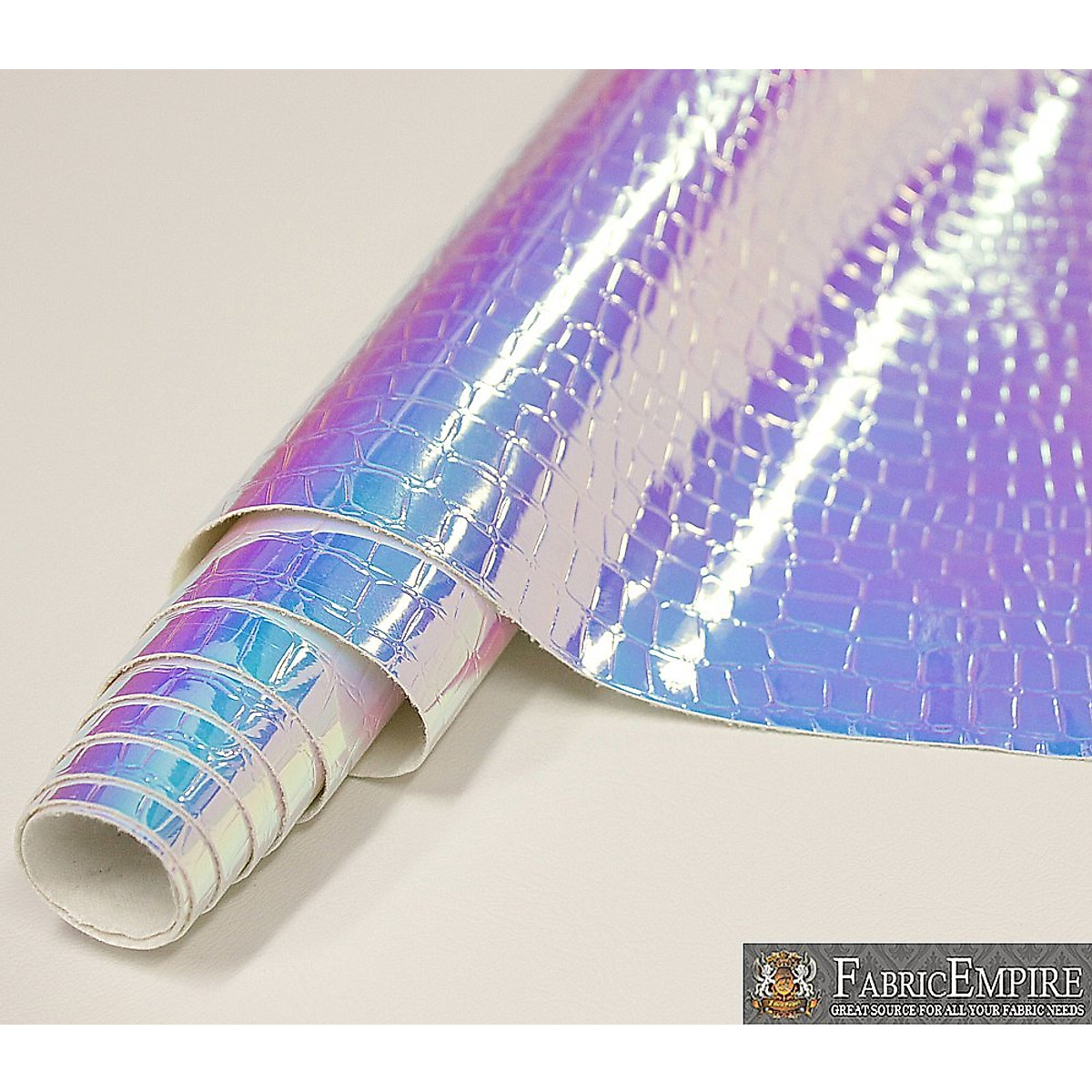 Fabric Empire Vinyl Upholstery Embossed Crocodile Holographic Glossy Fabric Light Blue 54" Wide Sold by The Yard