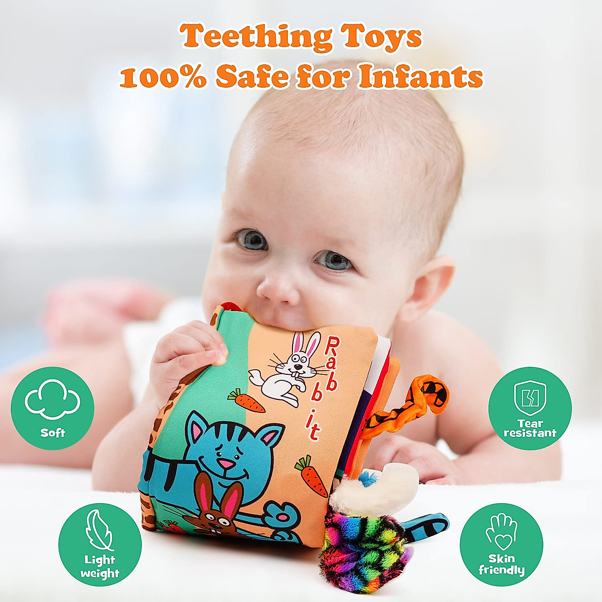 Baby Books 0-6 to 12 Months, 2PC Infant Tummy Time Teething Toys Touch Feel Sensory Crinkle Cloth Soft Book Teether 3-18 Month Early Learning Stroller Bath Shower Toy Gifts for Newborn Babies Girl Boy