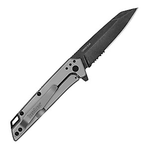 Kershaw Misdirect Pocketknife; 2.9 in. 4Cr13 Serrated Black-Oxide Blackwash Finish Blade, Stainless Steel Stonewash Finish Handle Equipped with Assisted Opening, Flipper and Frame Lock