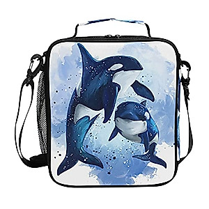 Insulated Lunch Bag Killer Whale Ocean Watercolor Portable Lunch Box Zippered Lunch Tote Bag Cooler Bag with Adjustable Strap for Women Men Work School Girl Boy