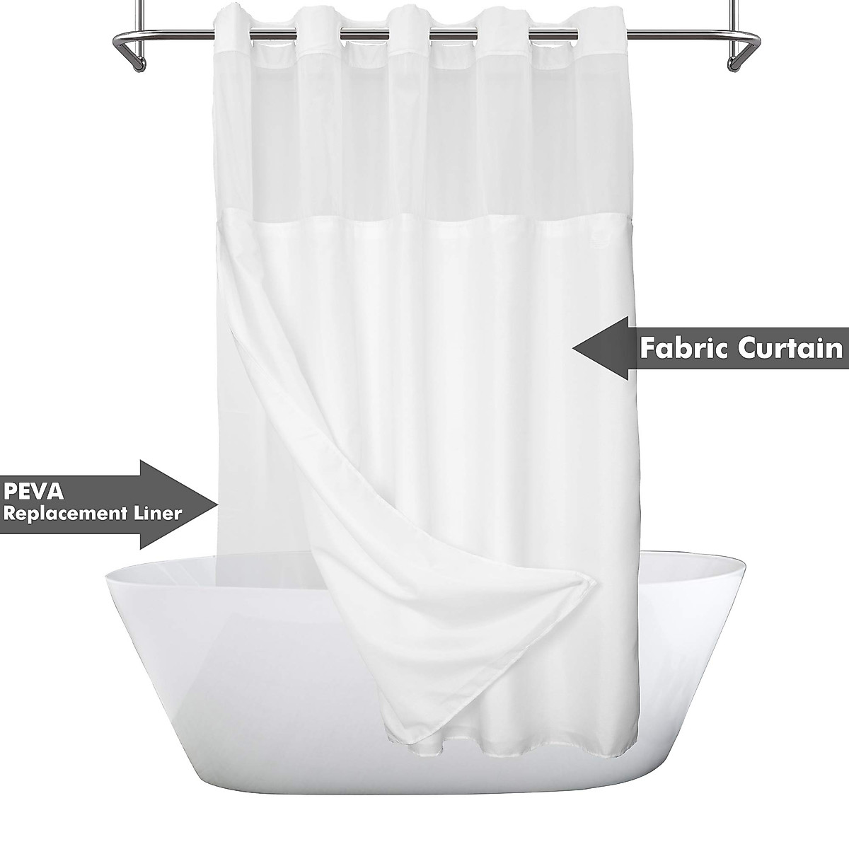 Long No Hook Slub Textured Shower Curtain with Snap-in PEVA Liner Set - 71" x 77"(75"), Hotel Style with See Through Top Window, Fabric Curtain & Waterproof Liner, White, 71x77
