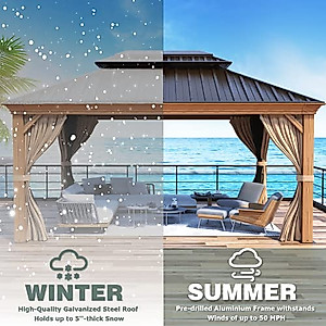 MELLCOM 12' X 14' Hardtop Gazebo, Wooden Finish Coated Aluminum Frame Gazebo with Galvanized Steel Double Roof, Brown Metal Gazebo with Curtains and Nettings for Patios, Gardens, Lawns