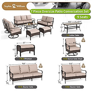 Sophia & William Large Outdoor Patio Furniture Set, 9 Seats Patio Modern Conversation Sets Metal Porch Furniture with 3-Seat Sofa, 1 Loveseat, 2 Swivel Sofa Chairs & Ottoman, 1 Coffee Table(Beige)