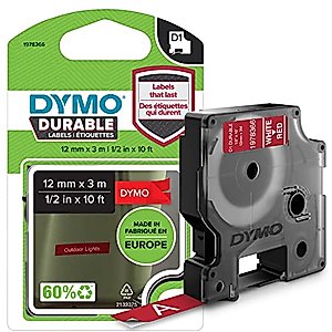 DYMO D1 Durable Labeling Tape for LabelManager Label Makers, White Print on Red Tape, 1/2" W x 10' L, 1 Cartridge (1978366), DYMO Authentic