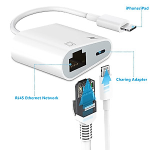 Lightning to Ethernet Adapter with Charging for iPhone/iPad [Apple MFi Certified] 2 in 1 RJ45 Ethernet High Speed iPhone LAN Network Adapter Support 100 Mbps Ethernet Network
