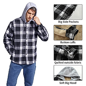 Derbars Men's Cotton Plaid Shirts Jacket Fleece Lined Flannel Shirts Sherpa Button Down Jackets with Hood for Men Black X-Large
