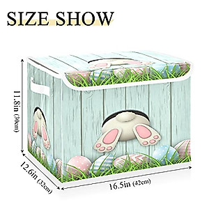 Storage Bins with Lids Foldable Storage Baskets Storage Cubes Collapsible Closet Organizer Containers with Cover Easter Bunny White Rabbit Eggs on Green Wooden for Home Office Organizer Closet, Shelv