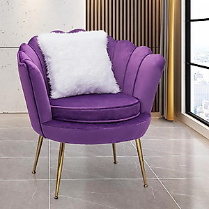 MoNiBloom Upholstered Velvet Accent Chair Elegant Mid-Century Modern Purple Shell Chair w/Cushion and Golden Legs, Retro Leisure Tufted Flower Arm Chair for Living Room Bedroom Reading Areas