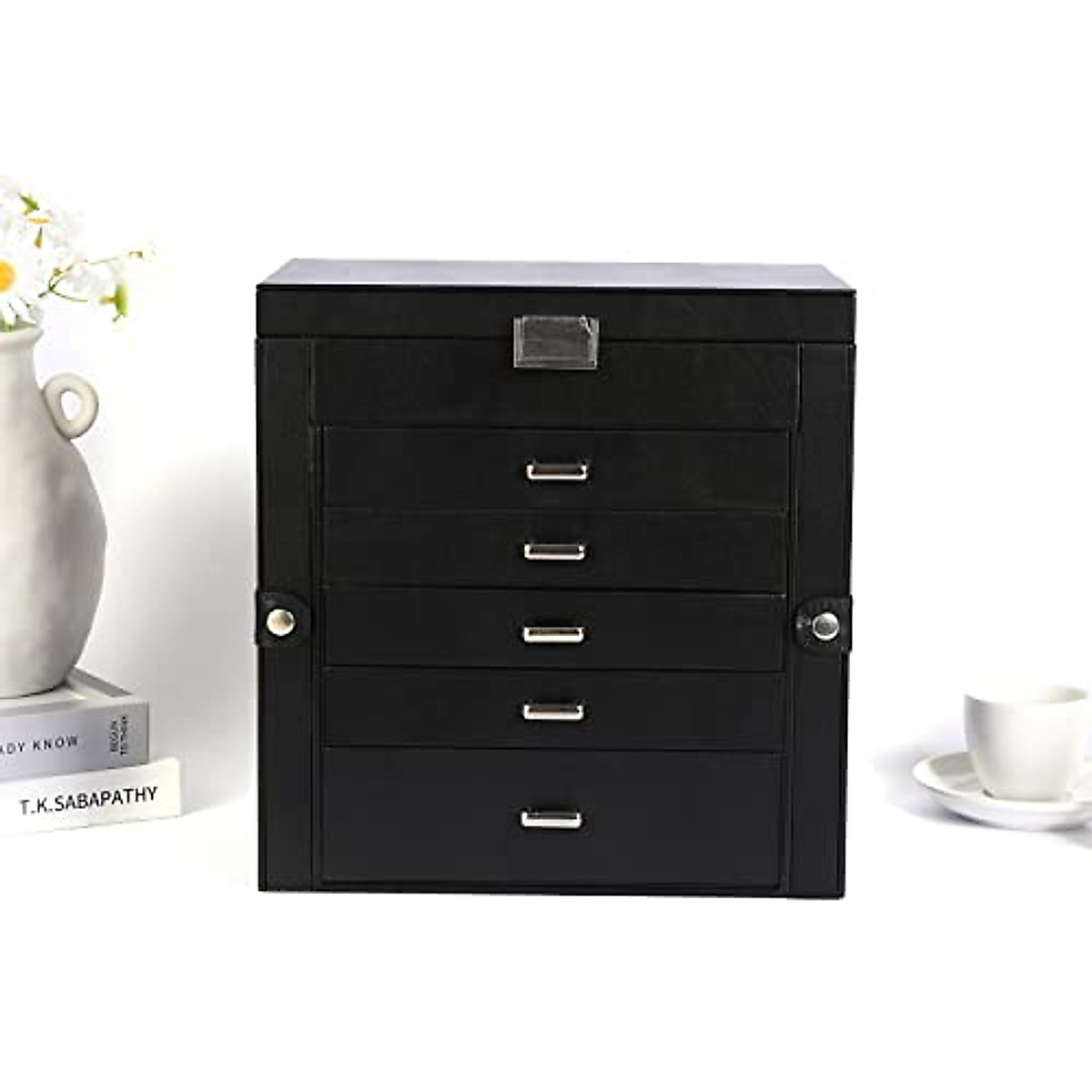 BOOVO Jewelry Box For women, 6 Layer Large Jewelry Organizer With Mirror, Multi-Function Storage Box With Lock, Accessory Holder With 5 Drawers, For Earrings Necklace Ring Bracelet (Black)