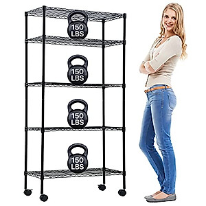 Dkeli 5 Tier Wire Shelving with Wheels, 14"x30"x60" Storage Shelves NSF Heavy Duty Adjustable Utility Rolling Steel Garage Shelving Metal Storage Rack, Black