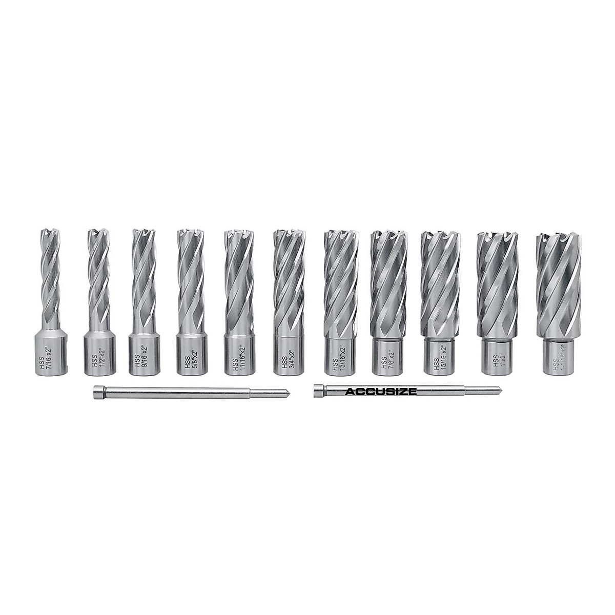 Accusize Industrial Tools 13 Pcs/Set 7/16'' to 1-1/16'' H.S.S. Annular Cutters, 2'' Cutting Depth with 2 Pilot Pins, N1