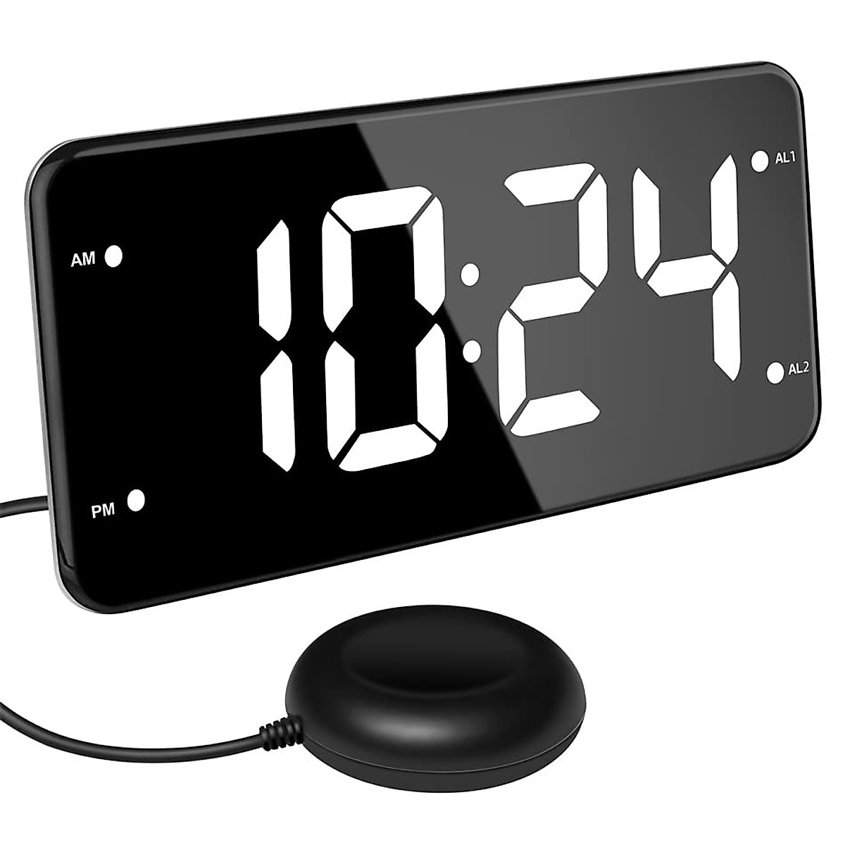 Digital Loud Alarm Clock for Heavy Sleepers Adults with Bed Shaker - Ideal for Hearing Impaired People - Dual Alarm Settings & 2 USB Charger - 7 Inch Display (Black with White Digit)