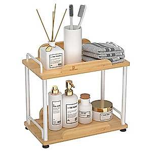 Bamboo 2 Tier Bathroom Countertop Organizer,Vanity Sink Counter Corner Storage Shelf,Kitchen Spice Standing Rack