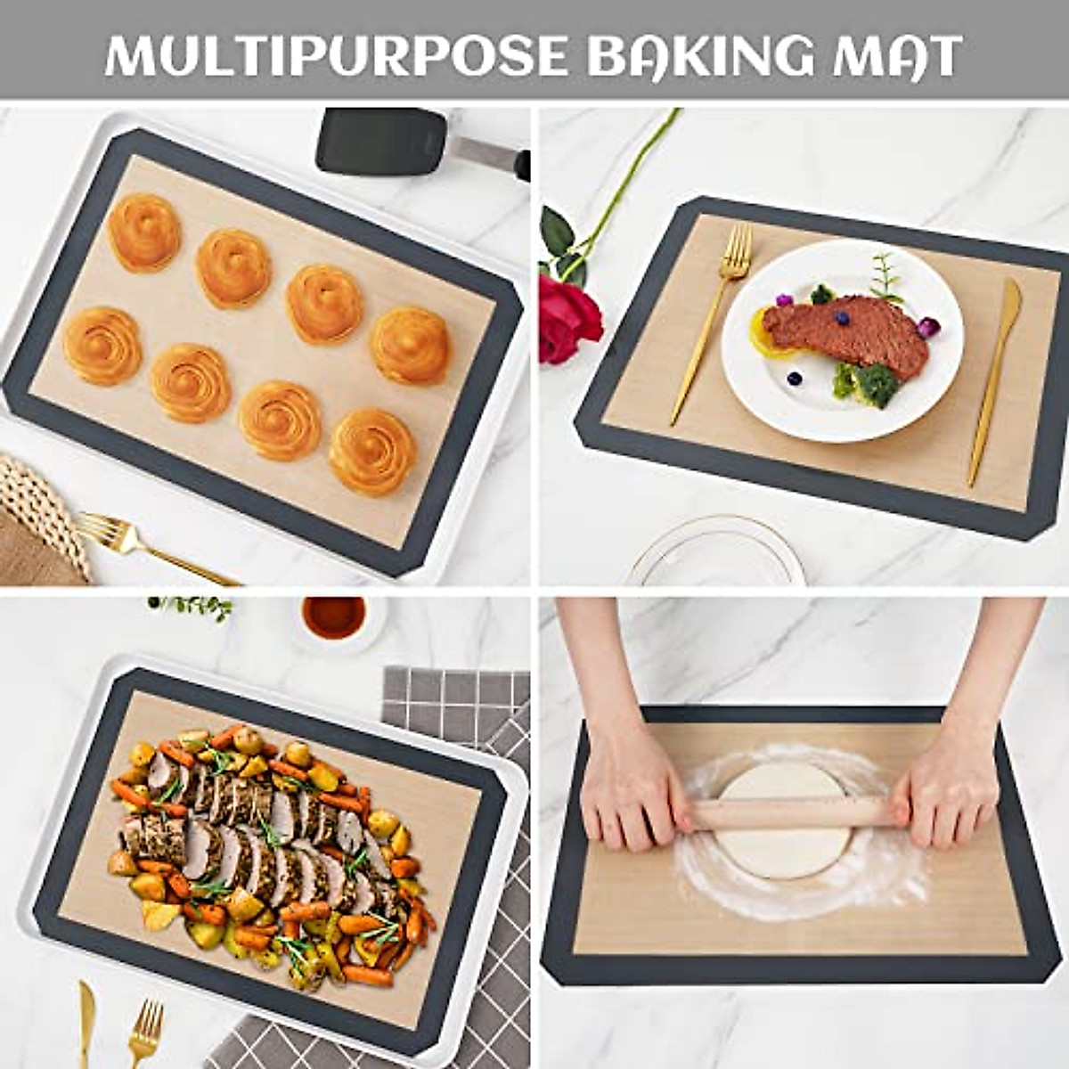 Elyum Silicone Baking Mat, 2 Pack Non-Stick Food Grade Silicone Mat for Baking, Reusable Heat Resistant Half Sheet Baking Mat for Cookies Macarons Bread Pastry (16.5"x11.6", Grey)