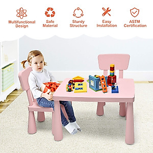 Costzon Kids Table and Chair Set For Toddler, 3 Piece Plastic Children Activity Table for Reading, Drawing, Snack Time, Arts Crafts, Preschool, Kindergarten & Playroom, Easy Clean (Pink)