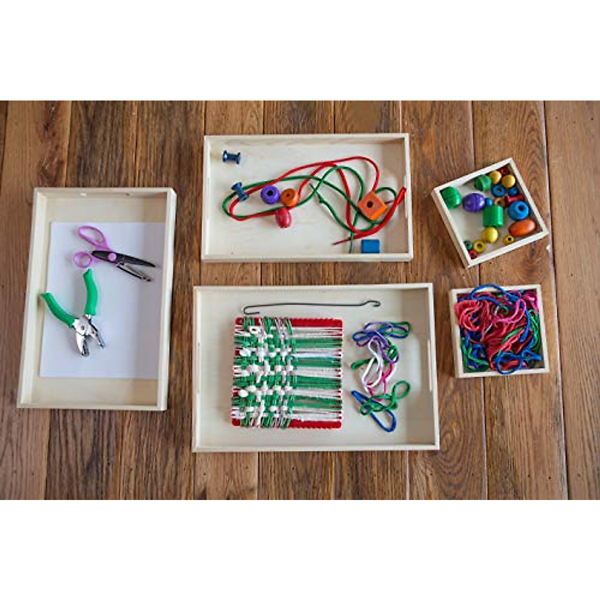 Wooden Living - Serving Tray/Wooden Trays with Handles and Small Wood Boxes Set (Unfinished) | for Montessori Activity, Art/Crafts, Painting, Restaurant Food, Decorative, Coffee Table | 5 Pieces