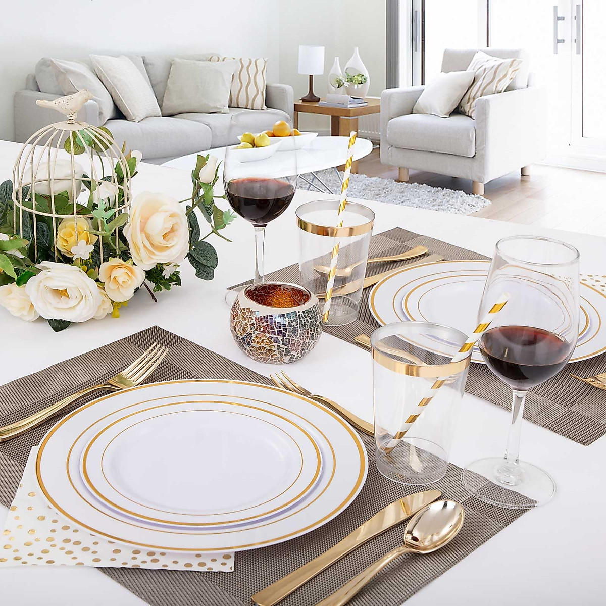 Ciaell 250PCS White and Gold Plastic Plates - Gold Disposable Plastic Plates Sets include 50Plates, 25Knives, 25Forks, 25Spoons, 25Mini Fork, 25 Cups, 25Paper Straws, 50Napkins for Thanksgiving, Party