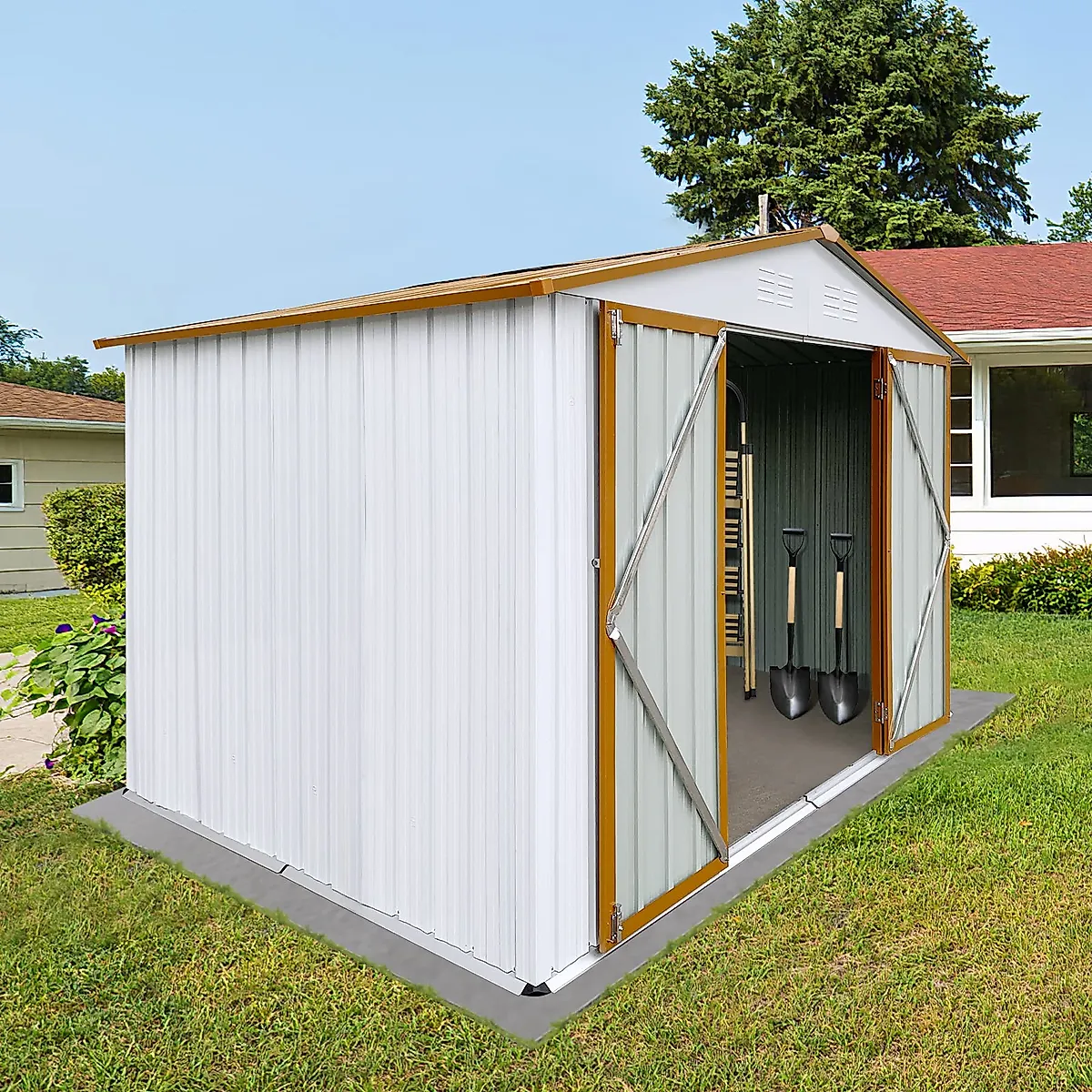 RITSU 6Ft x 8Ft Outdoor Garden Shed, Outdoor Storage Cabinet with Doors and Shelves, Waterproof Sheds and Tiny Houses for Backyard Patio Lawn, White