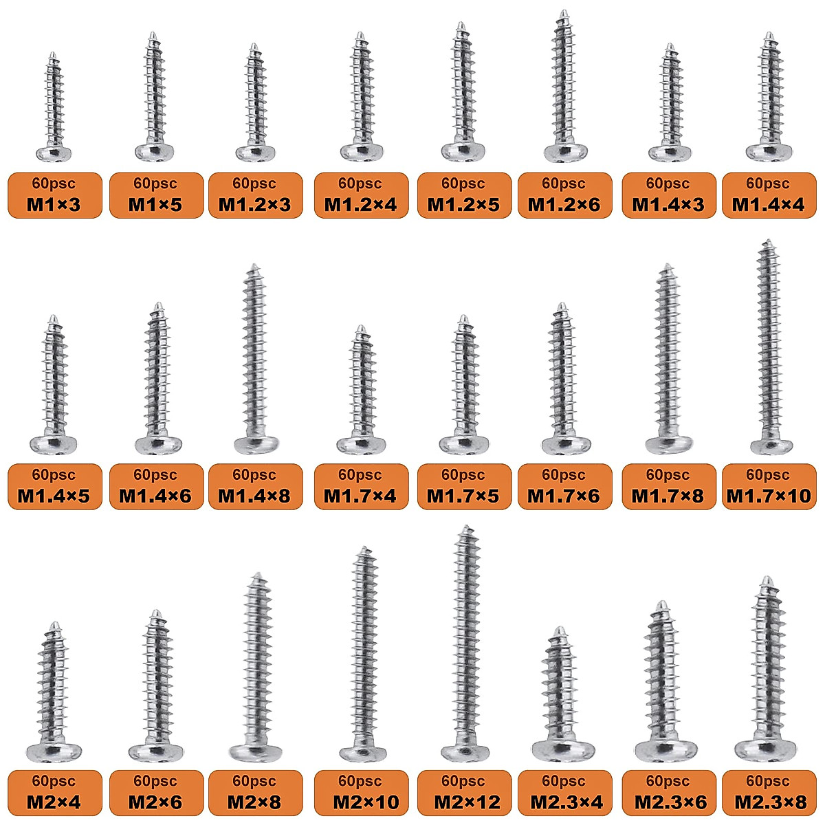 Zmbroll 1440Pcs Mini Screws Small Self Tapping Screws,Phillip Pan Head Micro Screws, Tiny Electronic Screws,M1 M1.2 M1.4 M1.7 M2 M2.3 Silver Screws 24 Size Assortment Screw kit