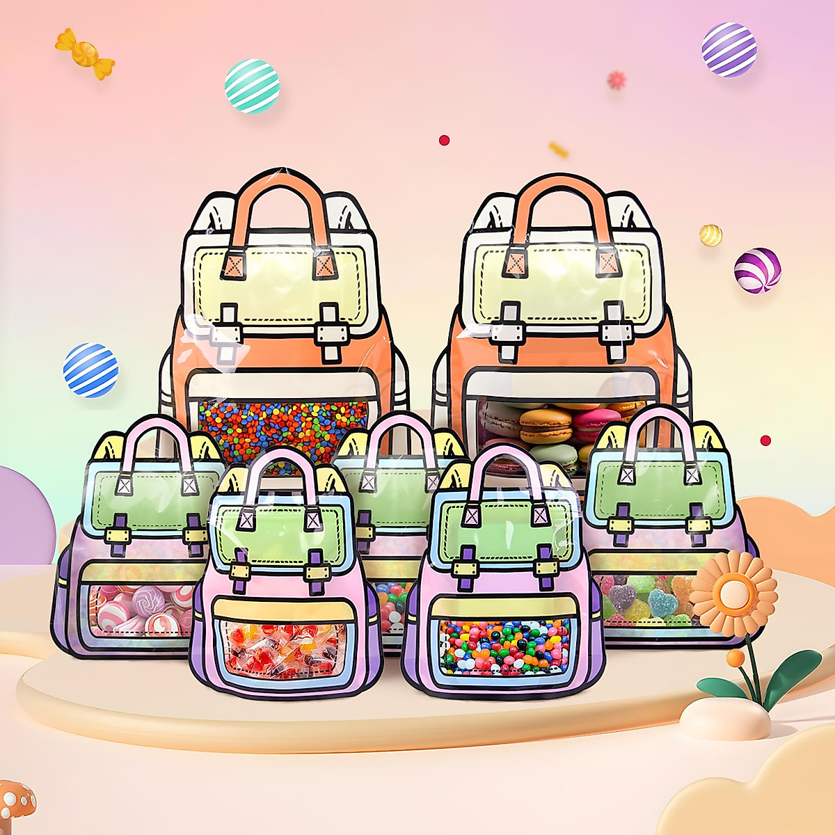 Cecnamt 30 Pcs Plastic Cute Goodie Bags For Kids Bulk Reusable Top Handle Gift Bag Birthday Goodie Bag Back to School Goodie Bags Cute Backpack Goodie Bag with Handle Candy Bag for Kids Party