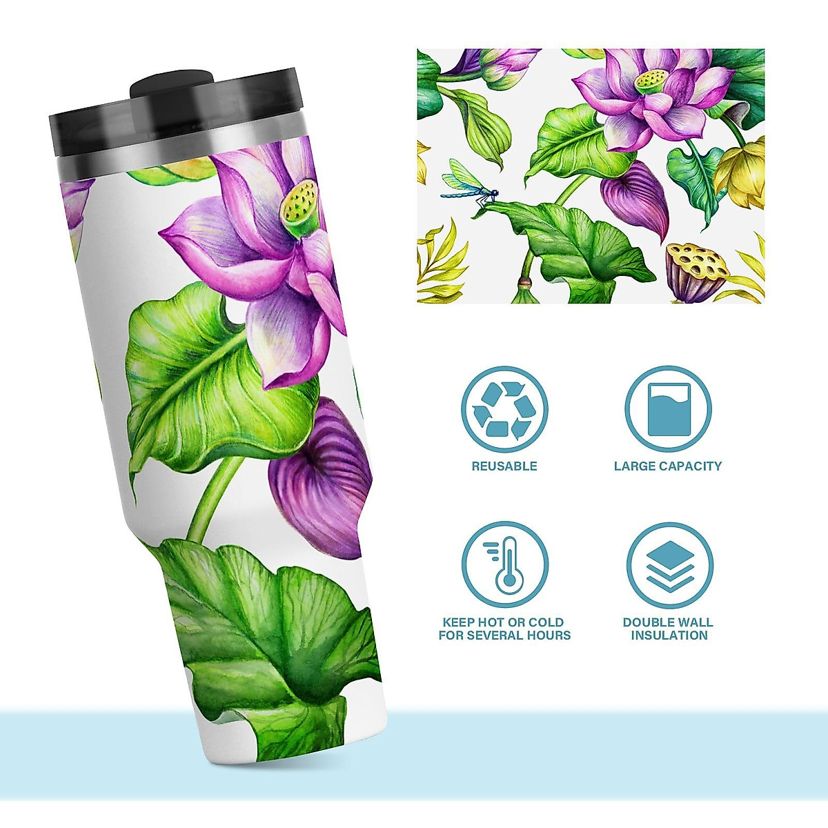 Yasala Car Tumbler with Handle Lotus Dragonfly Spring Travel Mug Coffee Cup Insulated Beverage Container Mega Cup for Hot Cold Drinking Thermos Water Bottle Cupholder Friendly 40 oz