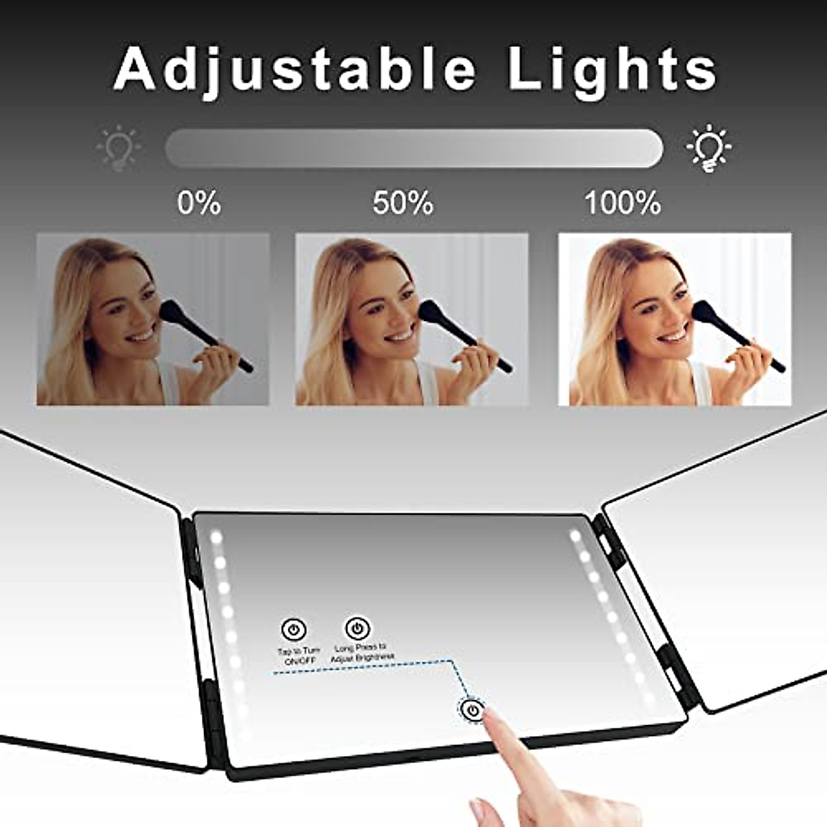GULAURI 3 Way Mirror with LED Lights for Hair Cutting 360 Barber Mirror Trifold Mirror Portable Mirrors,Adjustable, Portable, Hands-Free
