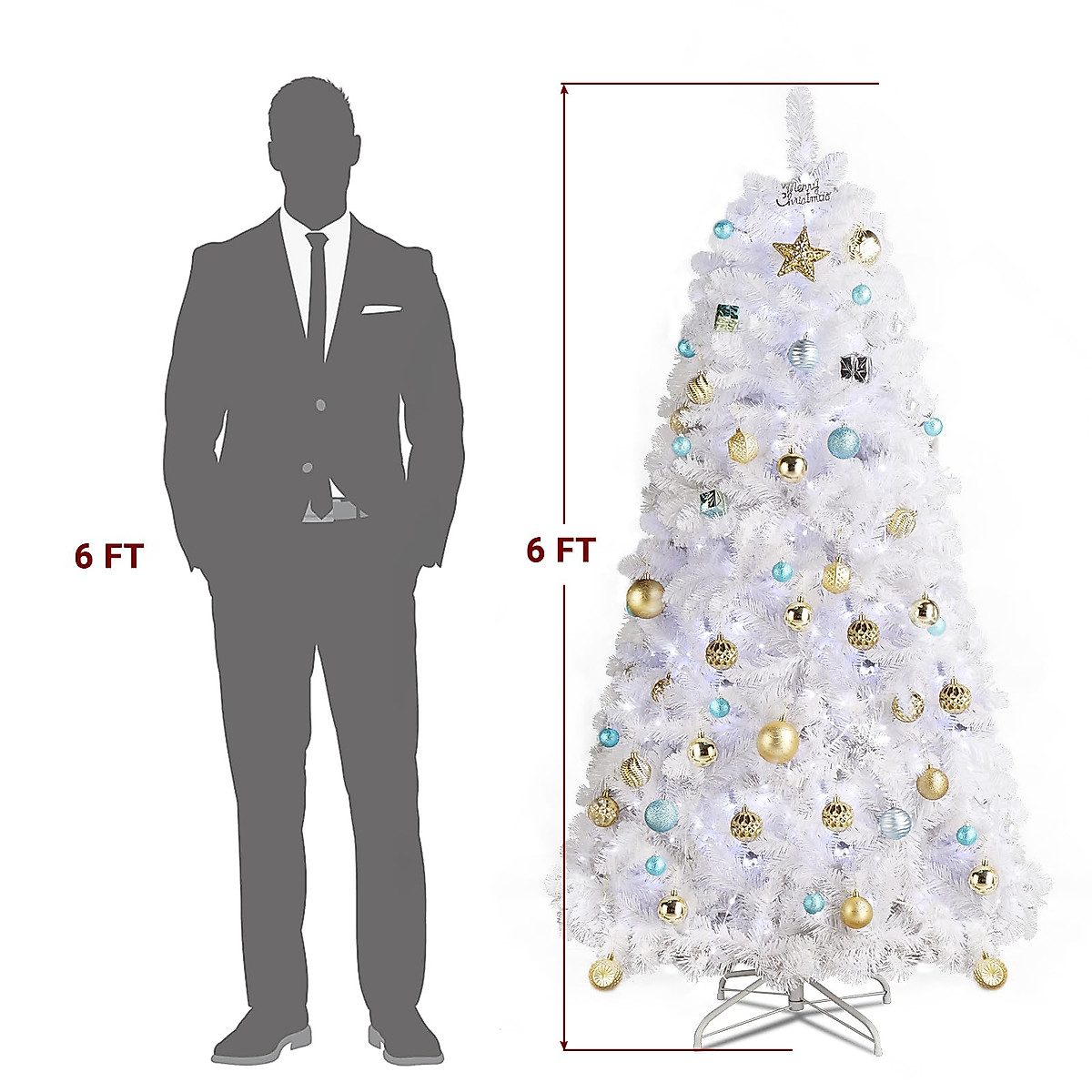 6ft Premium White Prelit Artificial Christmas Tree,Artificial Xmas Decoration Tree,Artificial Spruce Hinged Christmas Tree,Pre-Lit Artificial Xmas Tree,with Lights,for Home Office Party Decorations