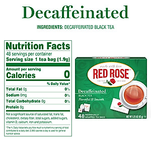 Red Rose Naturally Decaffeinated Black Tea Specially Blended Strong Black Tea with 48 Individually Wrapped Tea Bags Per Box (Pack of 6) Brew Hot/Cold Decaf Black Tea Full-bodied Flavorful Black Tea