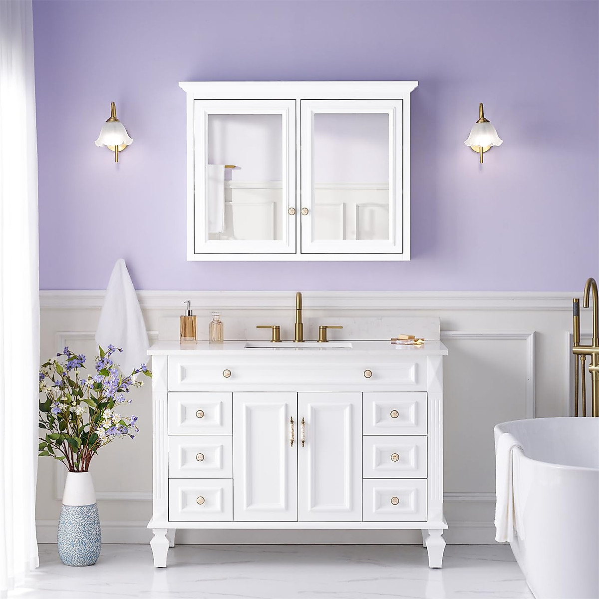 WELLFOR 40 x 30-in Bathroom Cabinet with Double-Side Mirrors, Wall Mounted Wood Mirror Storage Cabinet with 2 Soft-Close Door/ 4 Solid Wood Shelves, Anti-Fog Glass, Z-bar Hangs Vertically, White