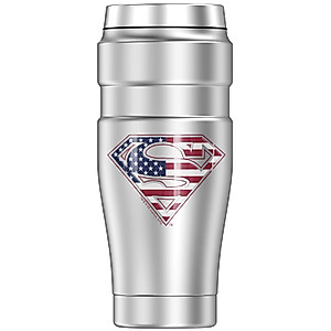 THERMOS Superman USA American Flag Shield Logo STAINLESS KING Stainless Steel Travel Tumbler, Vacuum insulated & Double Wall, 16oz