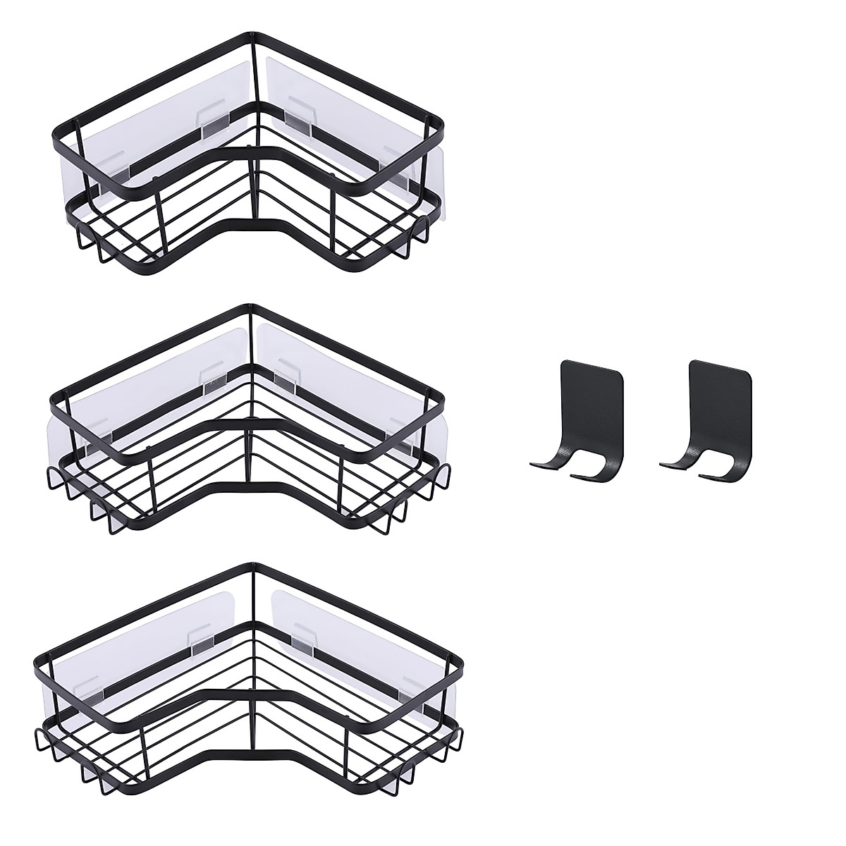 Corner Shower Caddy Organizer Set, Pack of 3 Adhesive Rustproof Stainless Steel Shower Racks with 2 Wall Hooks, Bathroom & Kitchen, Black