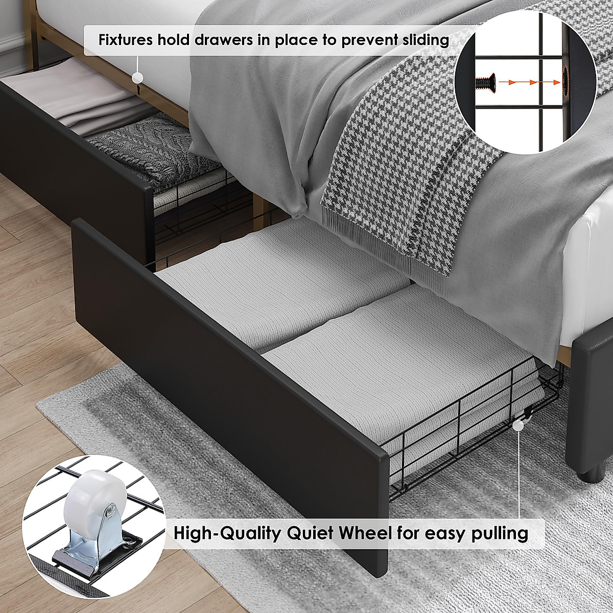 HIFIT King Upholstered Bed Frame with 4 Storage Drawers and Handmade Button Tufted Headboard, Modern PU Leather King Platform Storage Bed with Solid Wooden Slats, No Box Spring Needed, Golden & Black