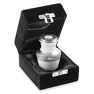 Reminded Small Cremation Memorial Urn for Human Ashes, White and Silver Miniature Keepsake Urn with Velvet Case