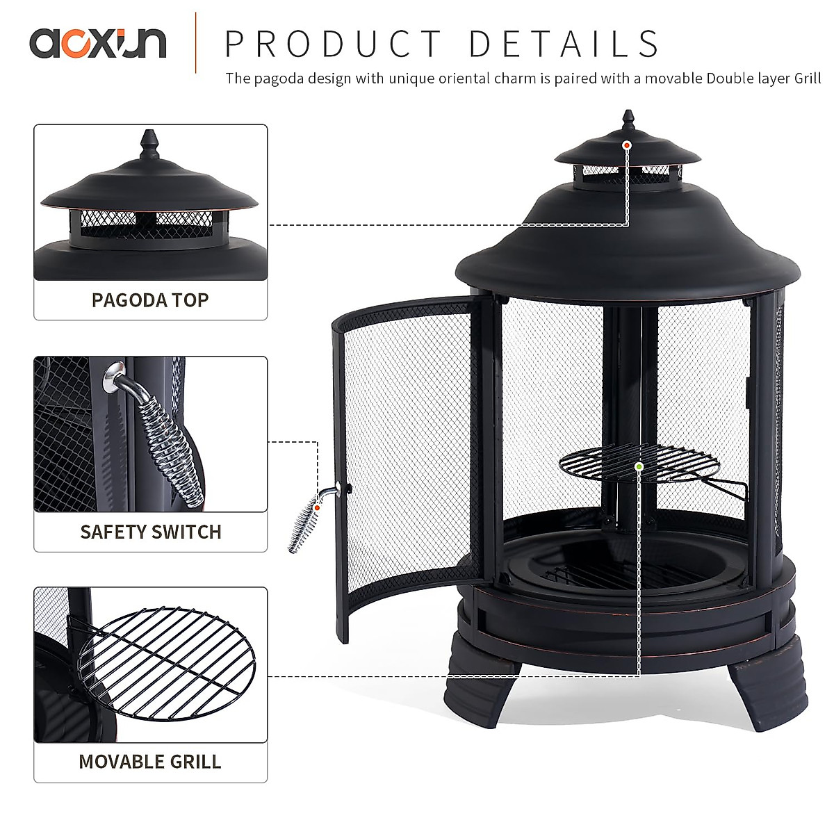 Aoxun Fire Pit Chiminea, 2 in 1 Fire Pit for Outdoor, 28'' x 45'' Large Chiminea Fireplace with Mesh Spark Screen Doors, Outside Wood Burning Fire Pit for Patio, Lawn, Backyard