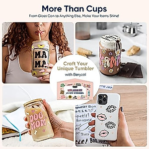 Beryzol UV DTF Cup Wrap, 9 Sheets Mama Theme 1 Sheets Mysterious Pattern and Cleaning Kit, UV DTF Transfers Stickers for 16 OZ Libbey Glass Cups Straws and Accessories