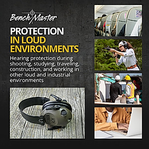 BenchMaster Rifleman TAC Ear Muffs, Shooting Electronic Ear Protection, 25 dB, Noise Reducing, Noise Canceling Headphone, 2 Millisecond Reaction Time, Audio Input, Safety Ear Muffs
