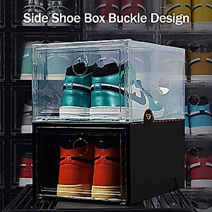 MUKIRAN HOME 12 Pack Shoe Storage Boxes, Shoe Box Clear Plastic Stackable, Drawer Type Front Opening Shoe Holder Containers (Black)