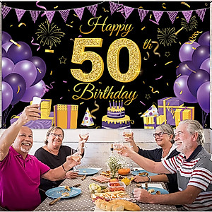 Wiipenex Happy 50th Birthday Backdrop Banner 70.86” x 43.3” Purple Black 50th Birthday Decorations Cheers to 50 Years Old Balloons Backdrop Party Supplies Birthday Yard Sign Poster Background Banners